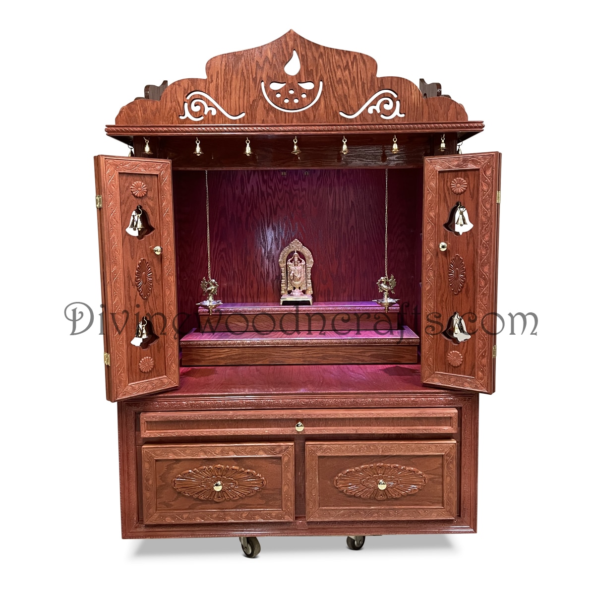 48" Closed Door Pooja Mandir w/ Carving Roof- M #1 - Divine Wood N Crafts